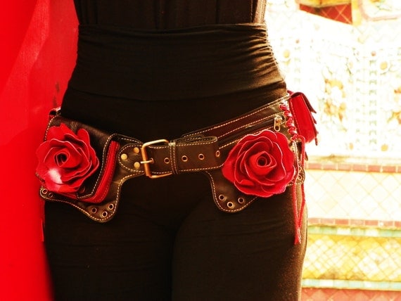 Red & Black leather rose Utility Belt