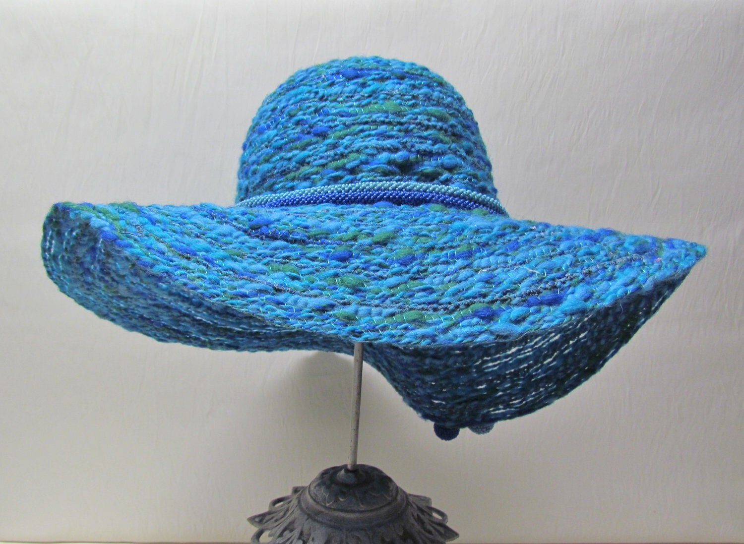 Vintage Mod hat, c.1970 floppy brimmed blue hat with beaded cord and ...