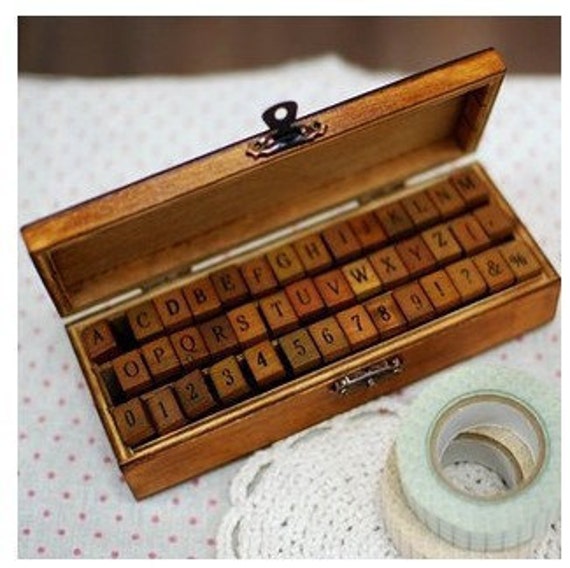 Wooden Rubber Stamp Box Vintage Print Style Capital
