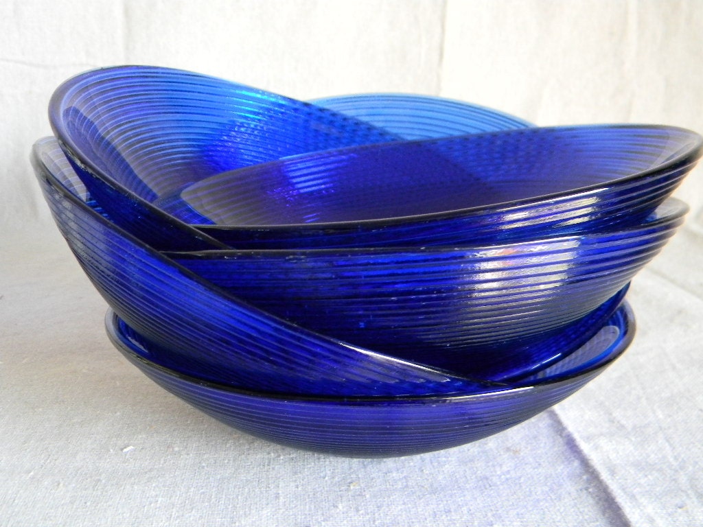 Vintage Mid Century Cobalt Blue Glass Bowls Spain Set of 6
