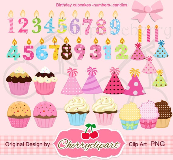 Birthday cupcakes and the number candles clipart set for