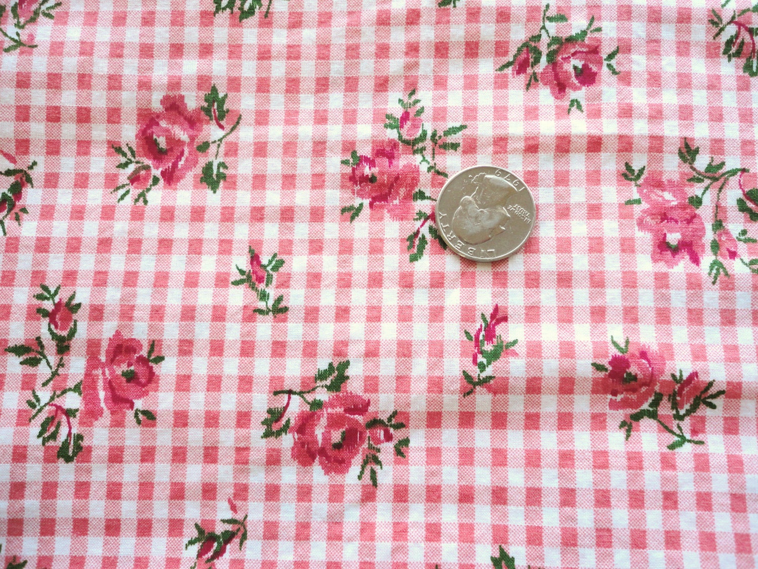 pink gingham floral print vintage cotton fabric by vintagetouchtoo