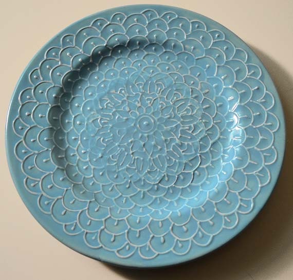Turquoise Ceramic Plate with Delicate White Embossed Original