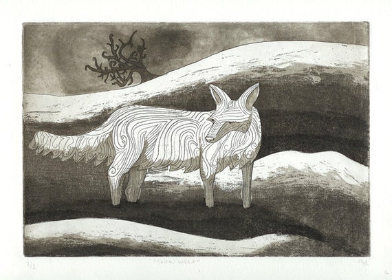 Items similar to Sepia "Snow Wolf" Etching on Etsy