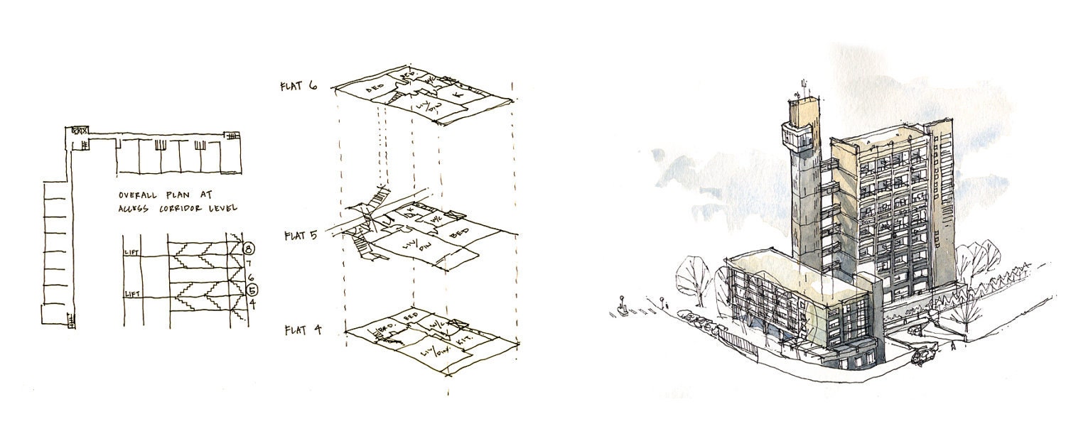 Trellick Tower Architectural sketch in watercolor and ink