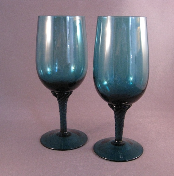 Teal Blown Glass Vintage Wine Glasses Italian Made 1960s