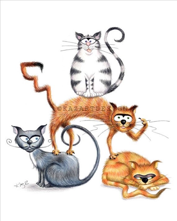 Cat Stack A4 PRINT Cat Art Art Prints Original Art Cute