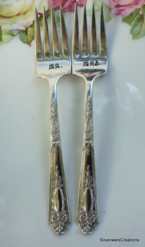 VINTAGE WEDDING Cake Table Setting Forks Hand Stamped Mr. and