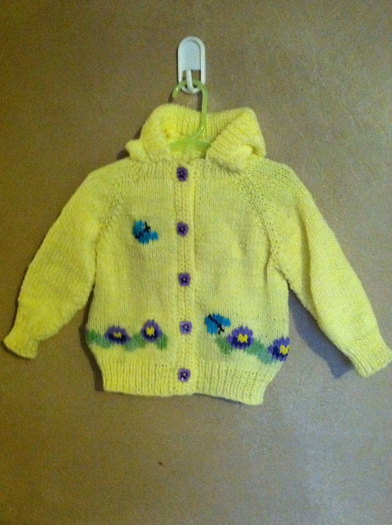 hand knit hooded child's yellow pansy sweater