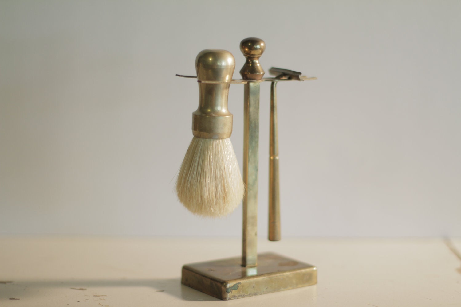 Vintage Shaving set with brass stand razor and brush