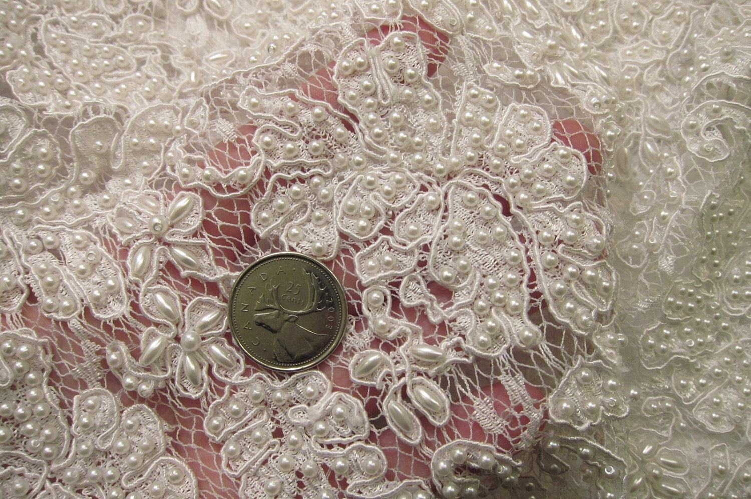 Heavily Beaded Lace on very open Net in Bridal White Fat