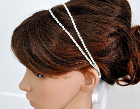 Ready To Ship Double Rhinestone Ribbon Headband Wedding