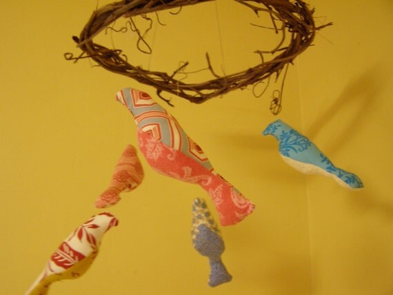 Items similar to Fabric Bird Mobile on Wreath - custom fabric design on ...