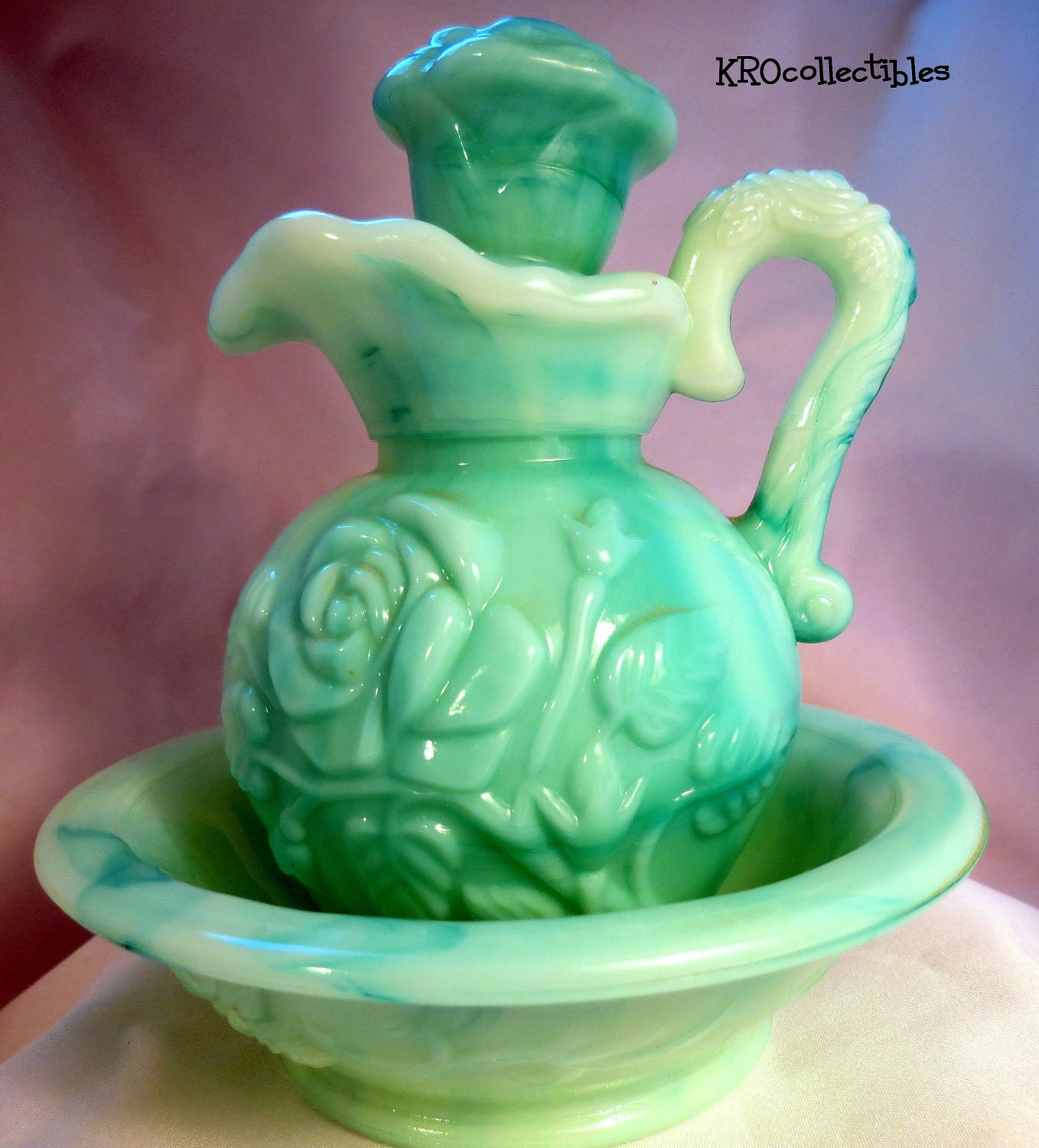 Avon Collectible Pitcher and Bowl Set Jade Milk Glass