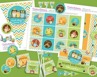 Owl Birthday Girl DIY Party Printables Package. Pink and