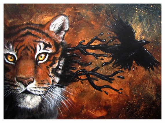 Items similar to Print 8x10 - Tiger Art Surreal Bird Raven Crow Ink ...