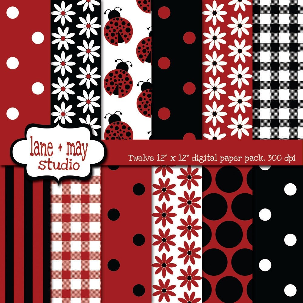 digital scrapbook papers ladybug patterns in red black and