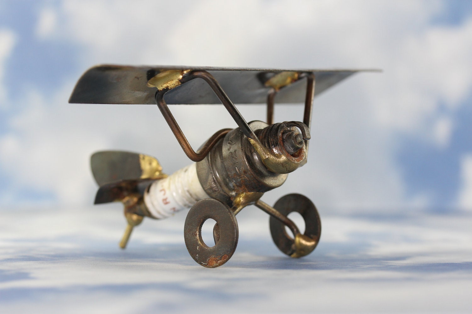 Steampunk Welded Metal Art Sculpture Spark Plug Airplane
