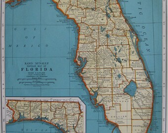 Map of FLORIDA Vintage 1938 Map Beautiful Color 1930s Antique Map ...