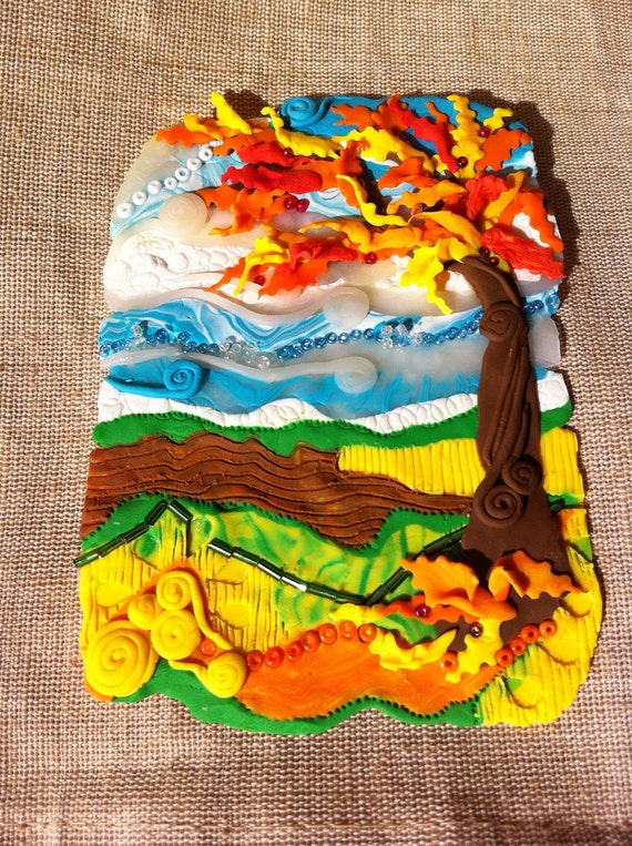 Items similar to Oak tree scene pictured in mixed media and textured ...