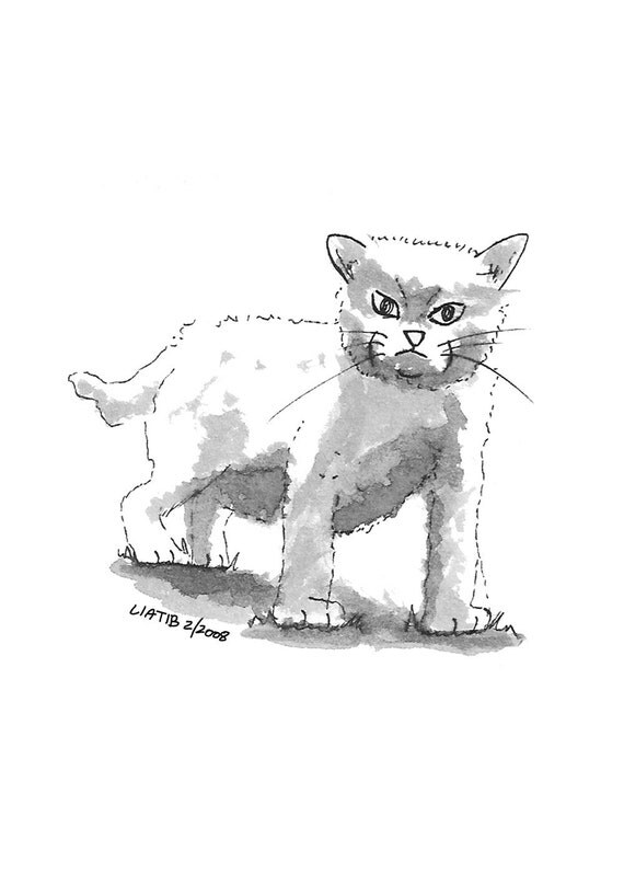 Standing kitten drawing black and white A5 illustration