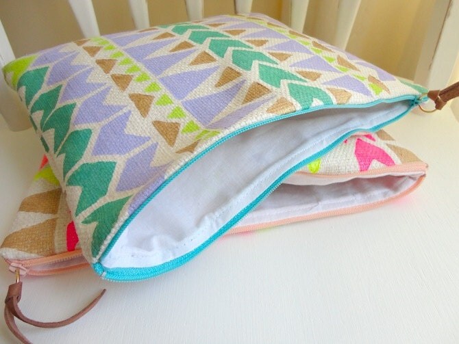 TRIBAL POUCH hand painted clutch handbag with leather NEON