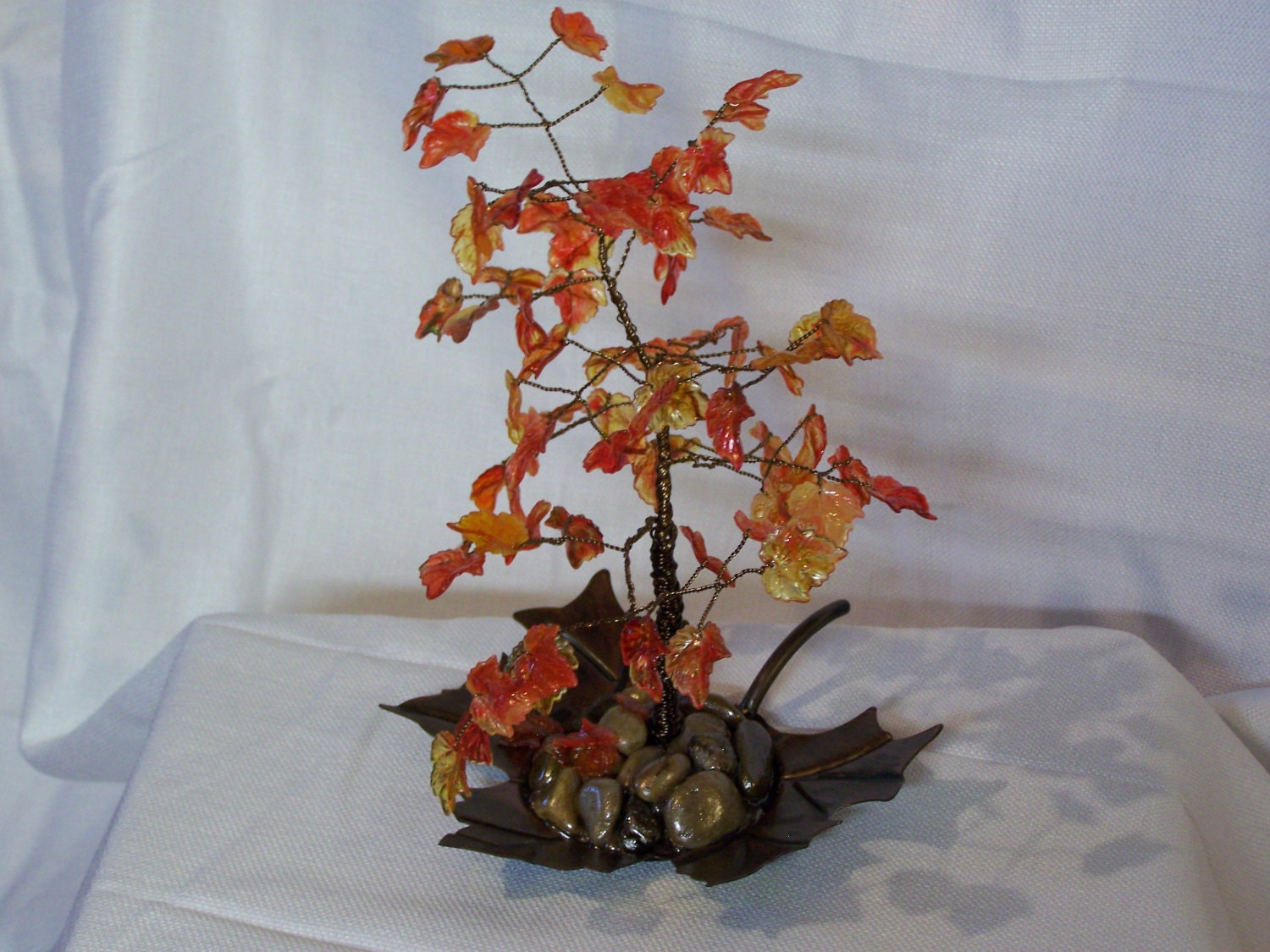 Handcrafted beaded wire fall colors maple tree sculpture.