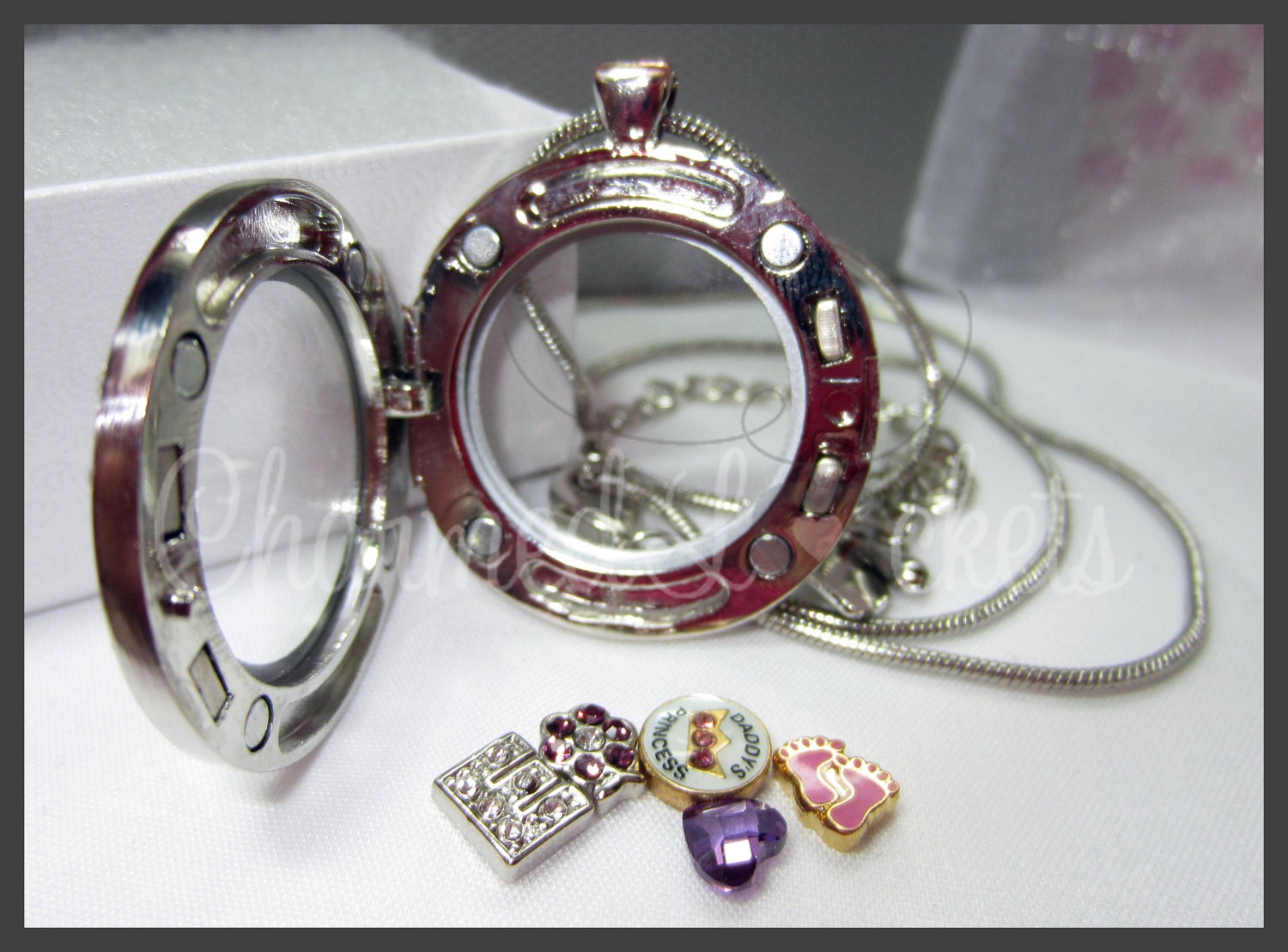 Choice of CZ Floating Charm Locket with 5 Charm Bundle
