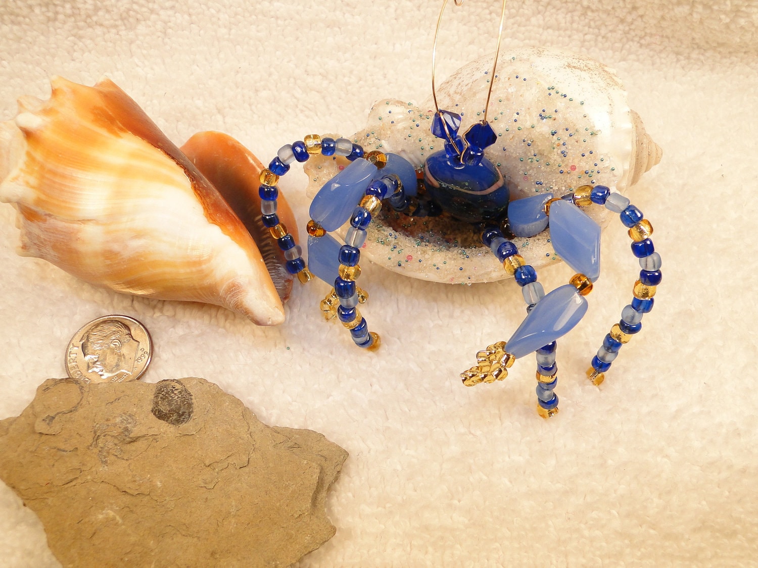 Hermit Crab in Seashell Beaded Blue Beach by BeautiesByNannette
