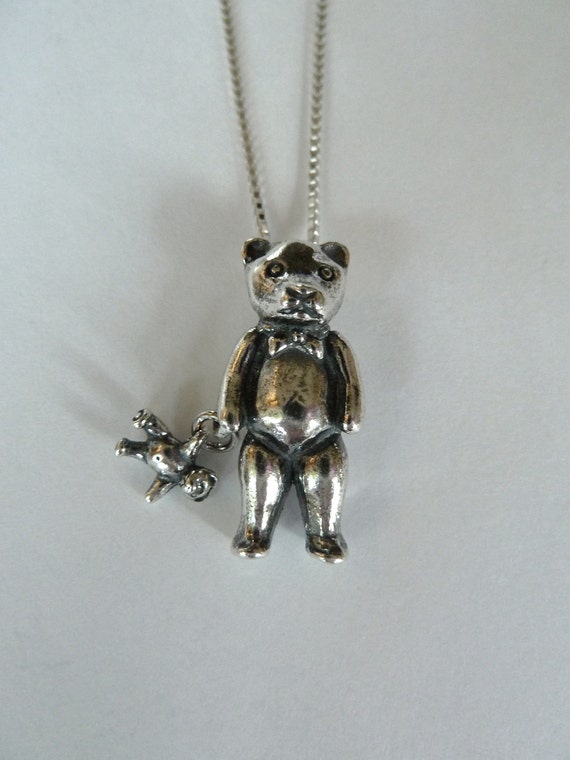 Sterling Silver Large Teddy Bear Holding Teddy Bear Necklace