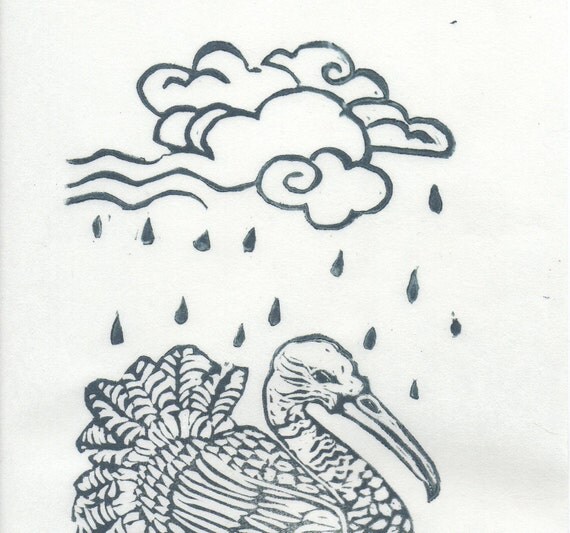 Shang Yang the Bird that Makes the Rain Linocut Imaginary