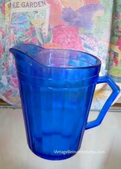 Vintage Pitcher Blue Depression Pitcher Ribbed Pitcher Blue Glass ...