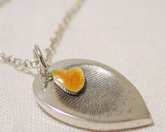 Fingerprint Jewellery Leaf Pendant with Tiny Gold Heart Charm ...