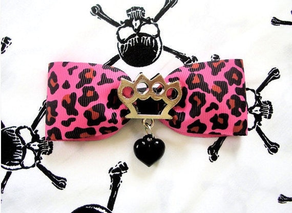 Items similar to Silver Brass Knuckles and Black Heart Leopard Hair Bow ...