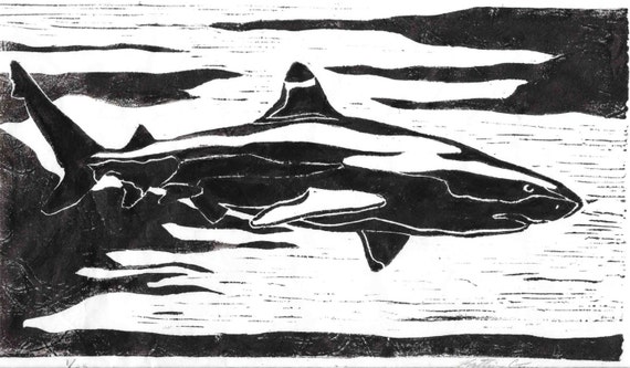 Black Tipped Reef Shark Original Linocut