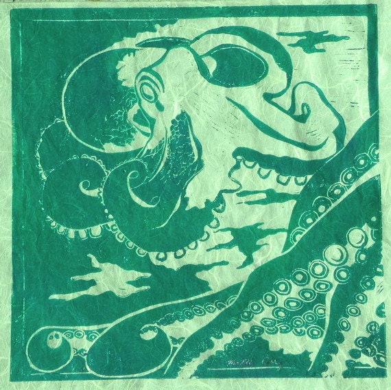 Octopus in Green Original Linocut Print