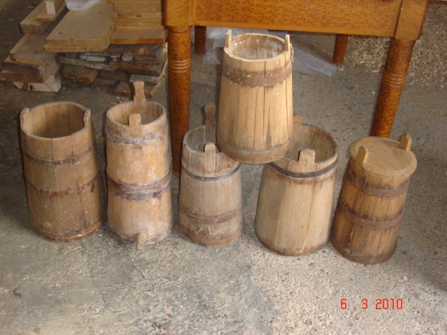 Antique Primitive Staved Wooden Buckets with Metal Bands