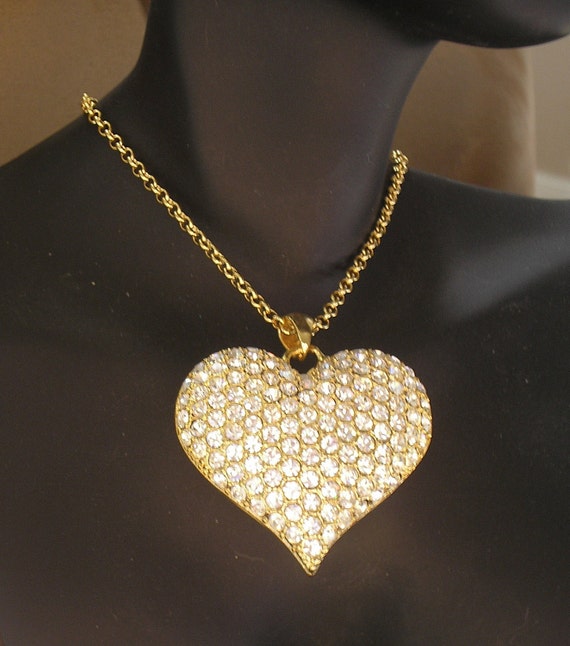 Long Blinged Out Heart Charm Gold Necklace by chicxpressions