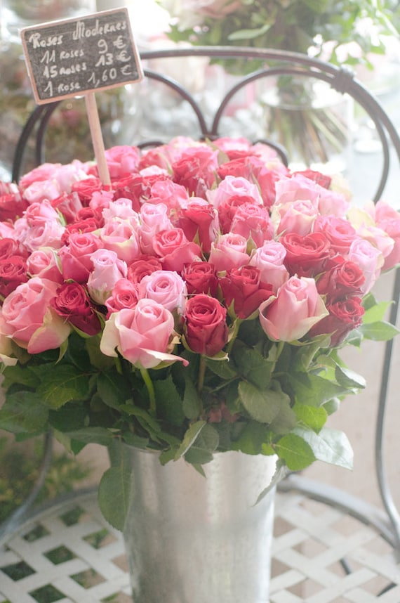 Paris Photography Pink and Red Roses in Parisian Market