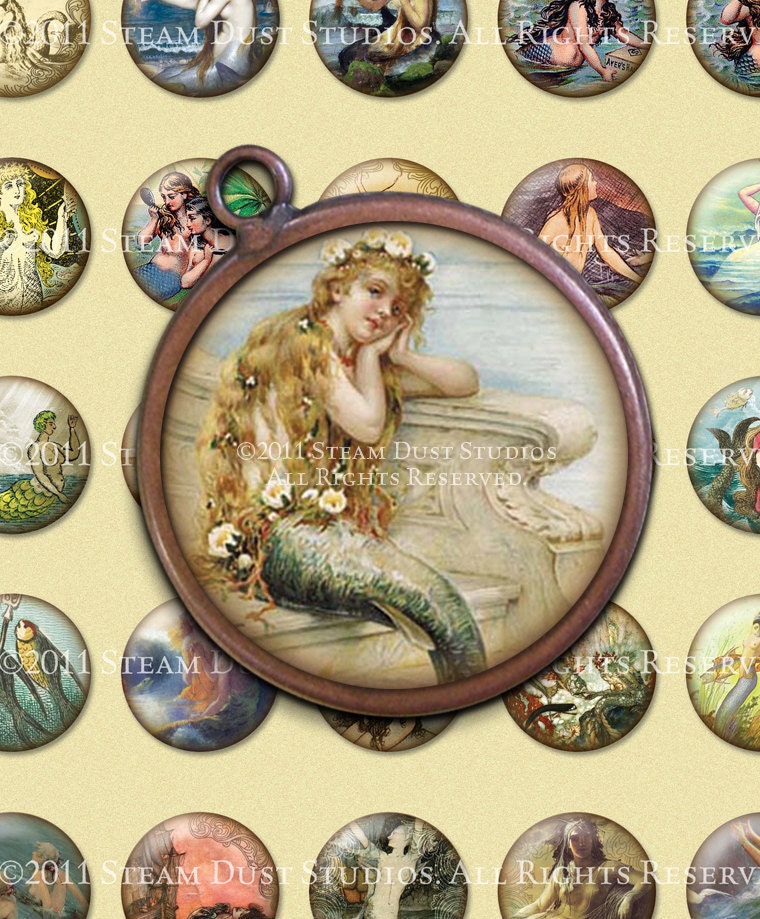 Vintage Victorian Mermaids Sirens Sea Nymphs 30mm Circles