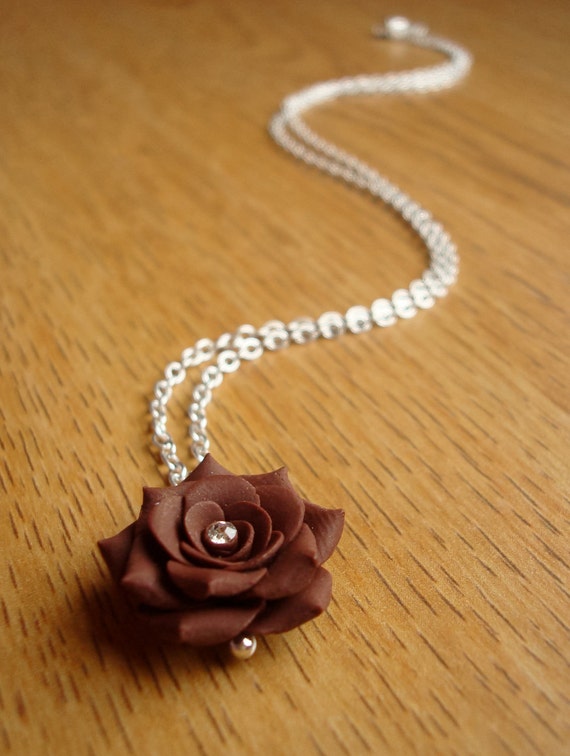 Mocha Polymer Clay Rose Necklace by jewelparadise on Etsy