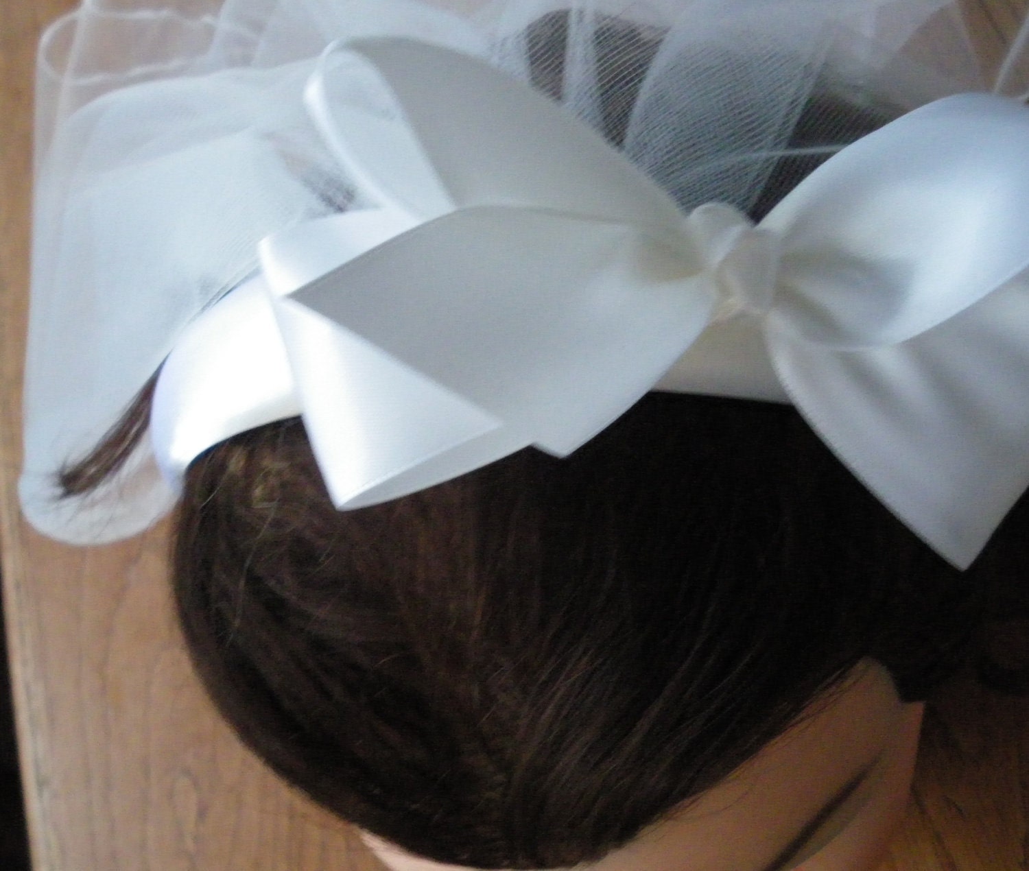 First Communion White Satin Bow Headband with edged white