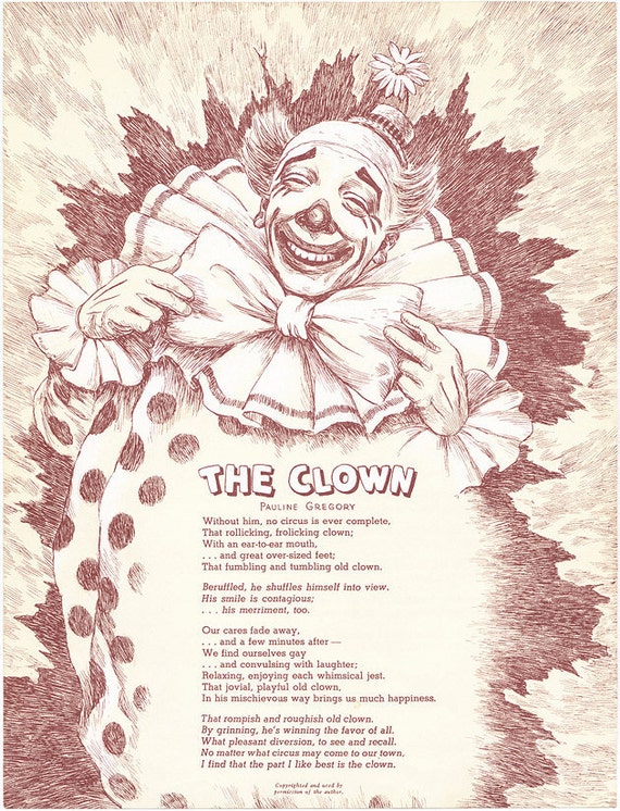 Items similar to 1961 Clown poem page for framing Pauline Gregory retro ...