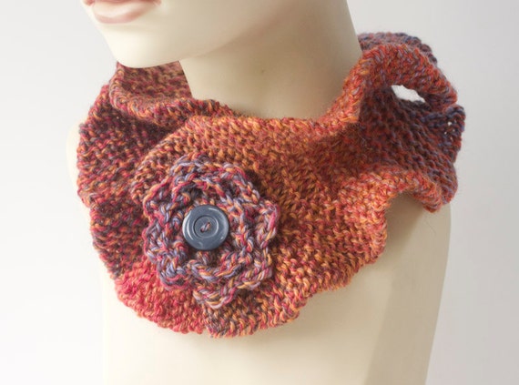 Hand Knit Neck Warmer Ruffle Cowl Scarf Flower by beadedwire