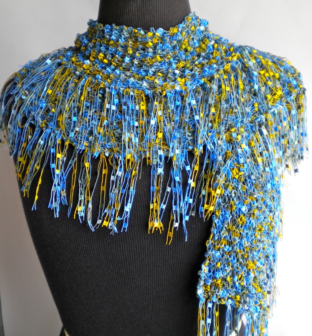 Scarf Blue Fringe Ribbon Ladder Yarn Island Waters