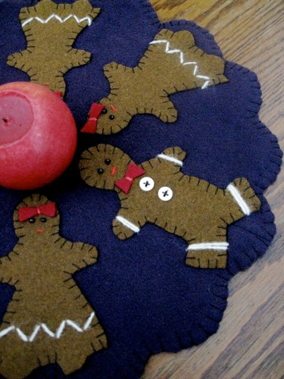 Gingerbread Boys and Girls Wool Penny Rug Table Runner or