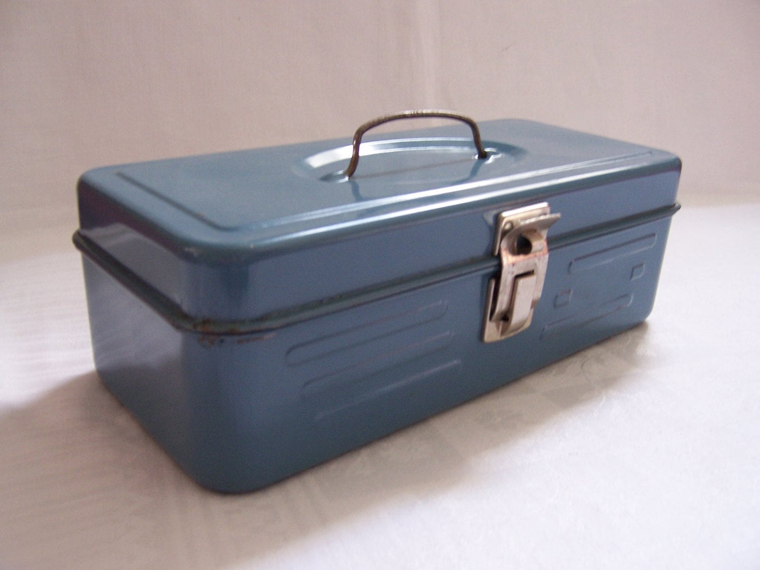 Small Vintage Blue Metal Tool Box Industrial Chic