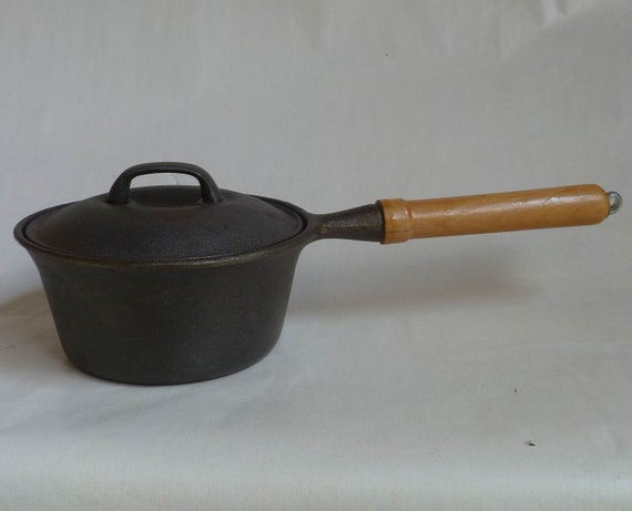 Cast Iron Saucepan long wood handle rustic camp cookware