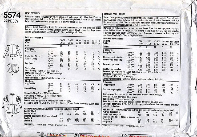 Simplicity 5574 Renaissance Men's Costumes Sewing Pattern