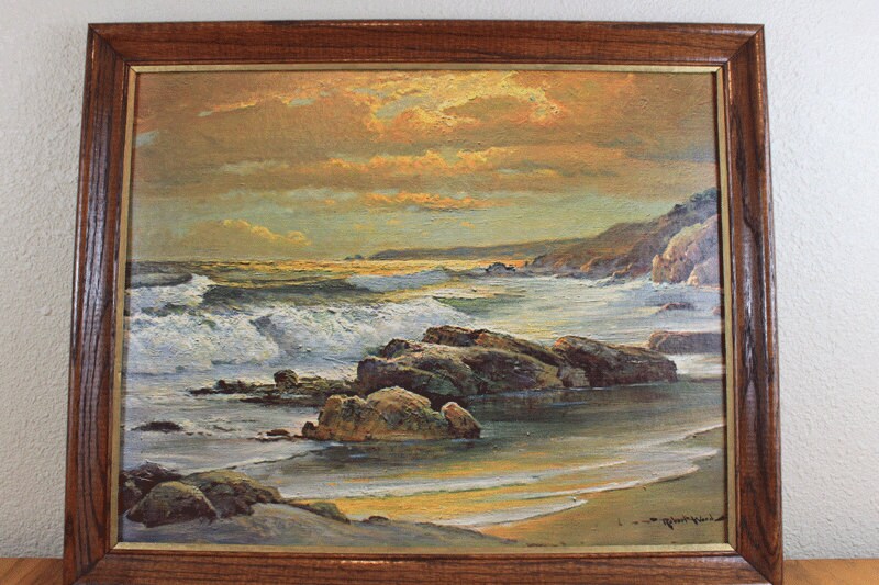 Vintage Framed Seascape Litho Print Sunset Shore by Robert Vintage Framed Seascape Litho Print Sunset Shore by Robert